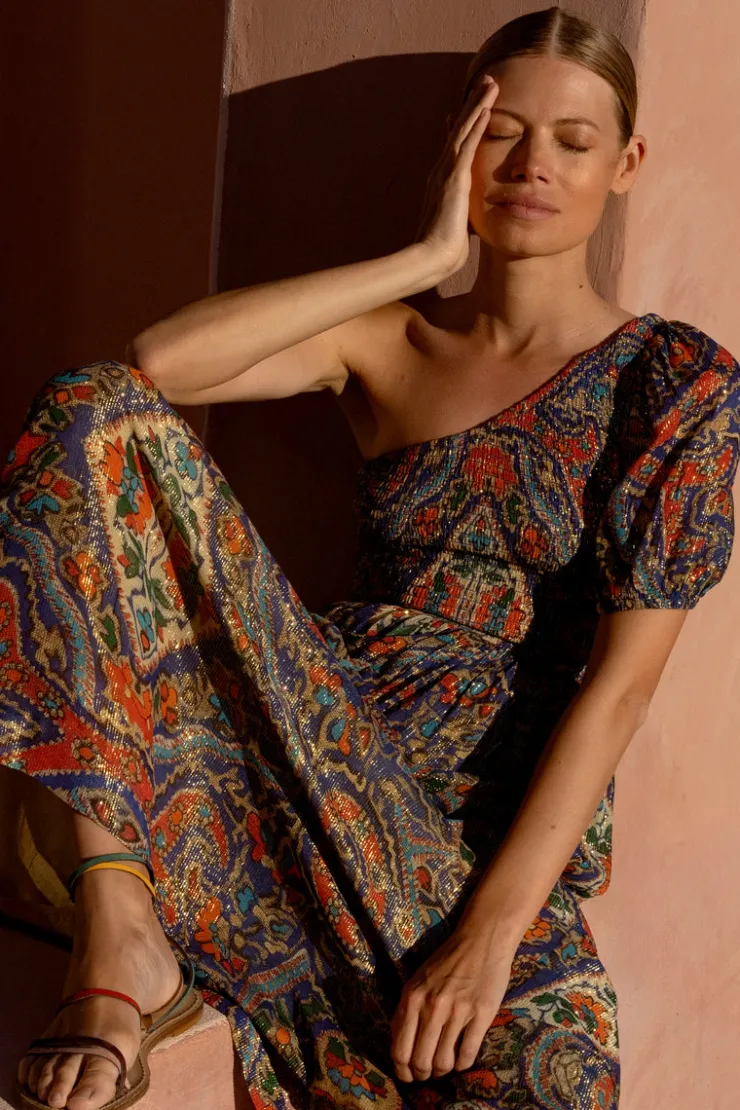 Oliphant Puff Sleeve One Shoulder Smocked Maxi- Persia Cobalt ...